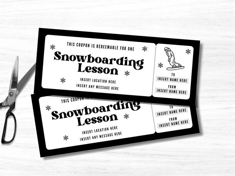 Editable Snowboarding Lesson Coupon, Custom Snowboarding Lift Ticket ...