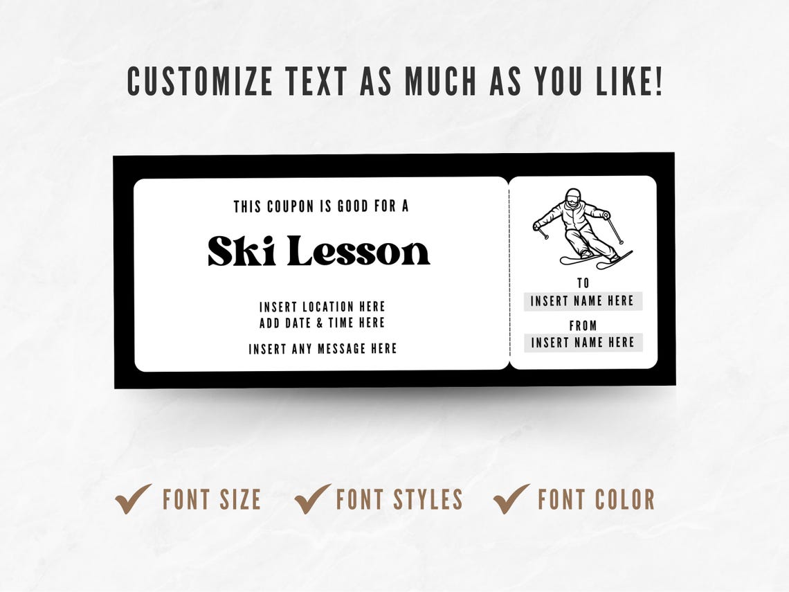 Editable Ski Lesson Lift Ticket Template, Custom Ski Class Coupon ...