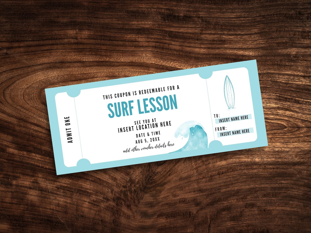 Editable Surf Lesson Coupon, Custom Surfing Lessons Ticket Template, Printable Surf Trip Gift ...