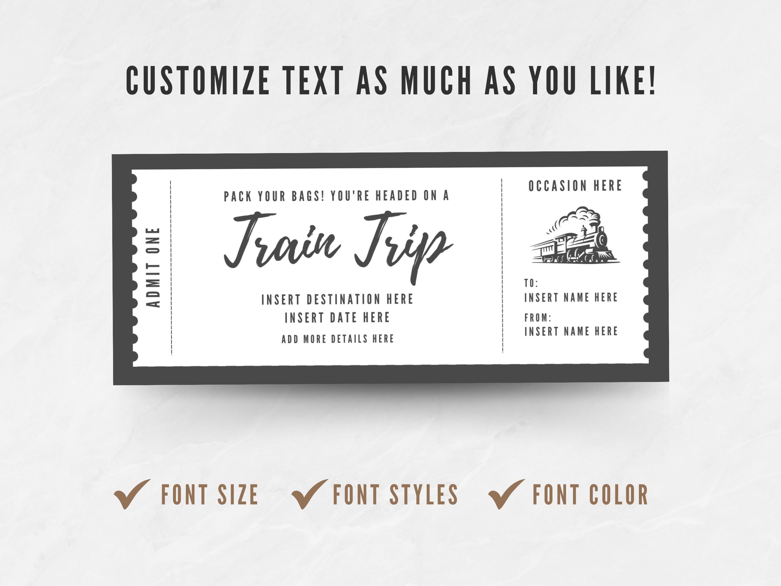 Editable Train Ticket Template, Custom Train Trip Coupon, Personalized ...