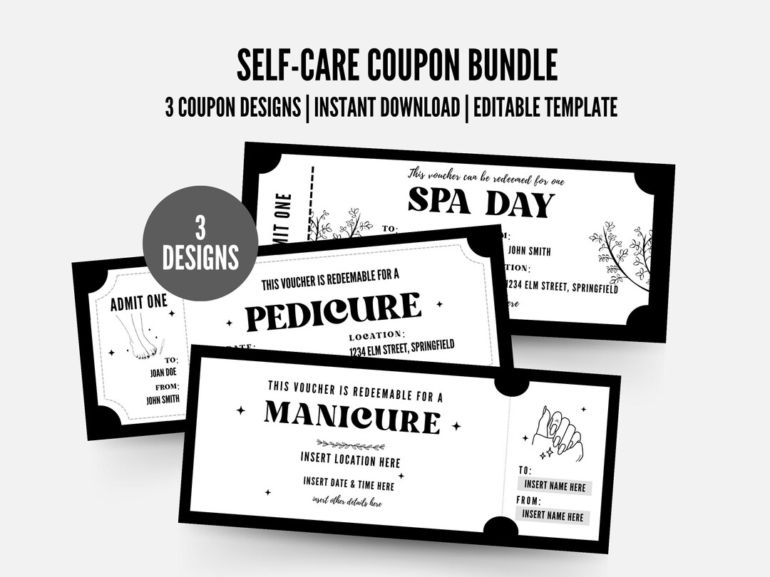 Editable Self-care Coupon Bundle, Printable Spa Ticket Voucher Bundle ...