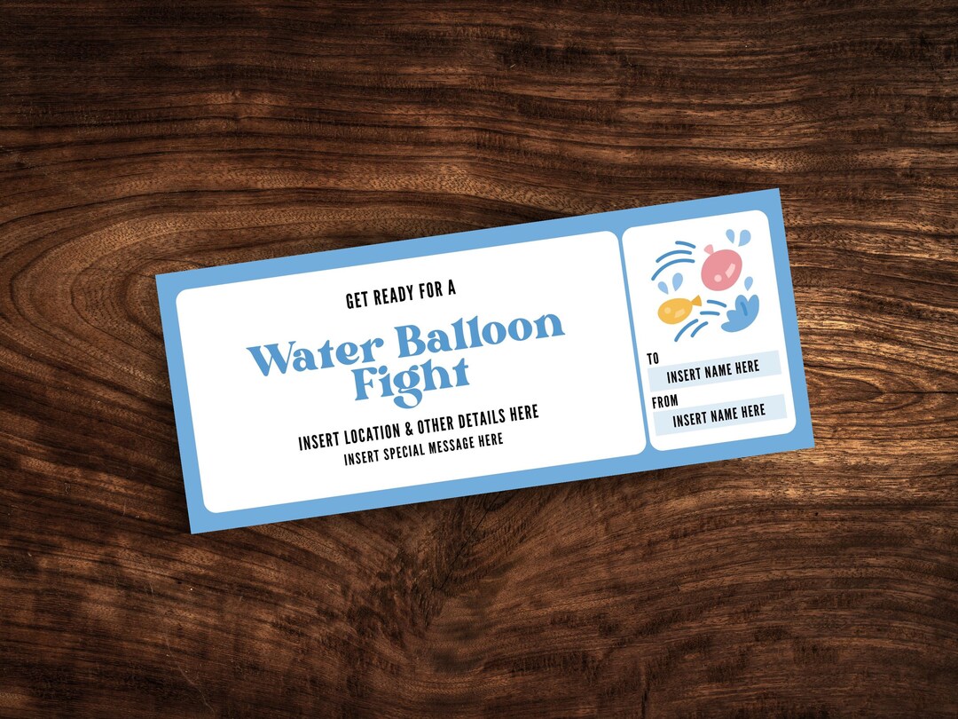 Editable Water Balloon Fight Ticket Template, Custom Water Balloon ...