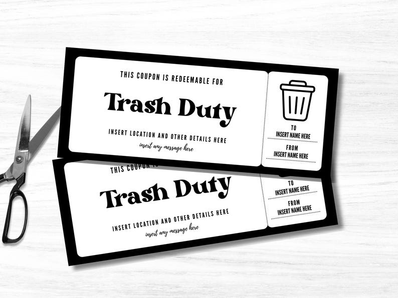 Editable Trash Duty Coupon, Custom Garbage Service Gift Certificate ...