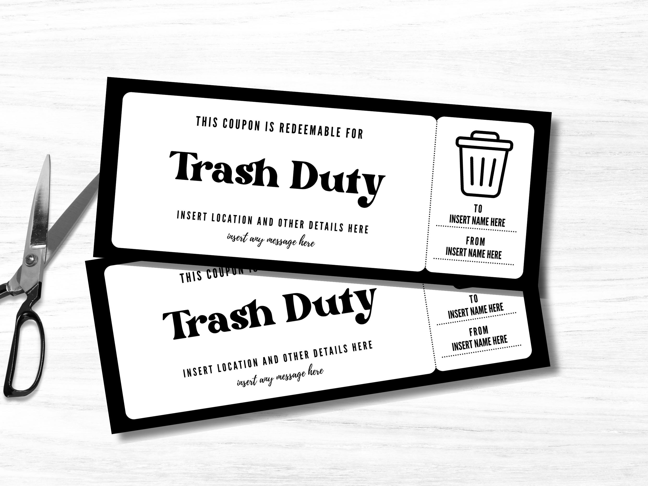Editable Trash Duty Coupon, Custom Garbage Service Gift Certificate ...