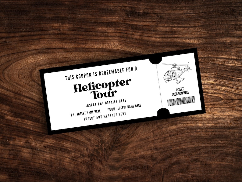 Editable Helicopter Tour Ticket Template, Printable Helicopter Ride ...