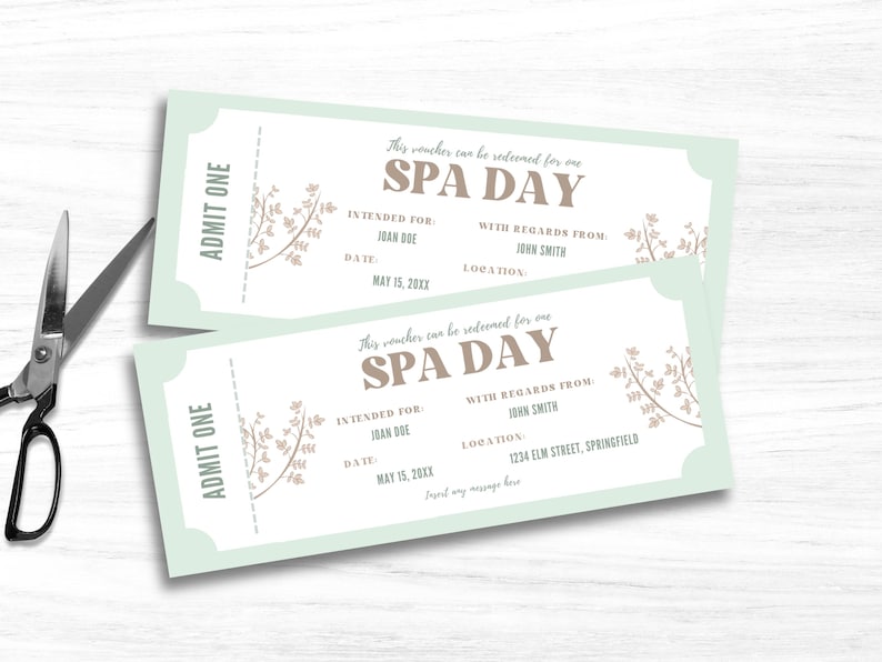 Editable Spa Day Coupon, Printable Spa Ticket Voucher, Custom Spa Day ...