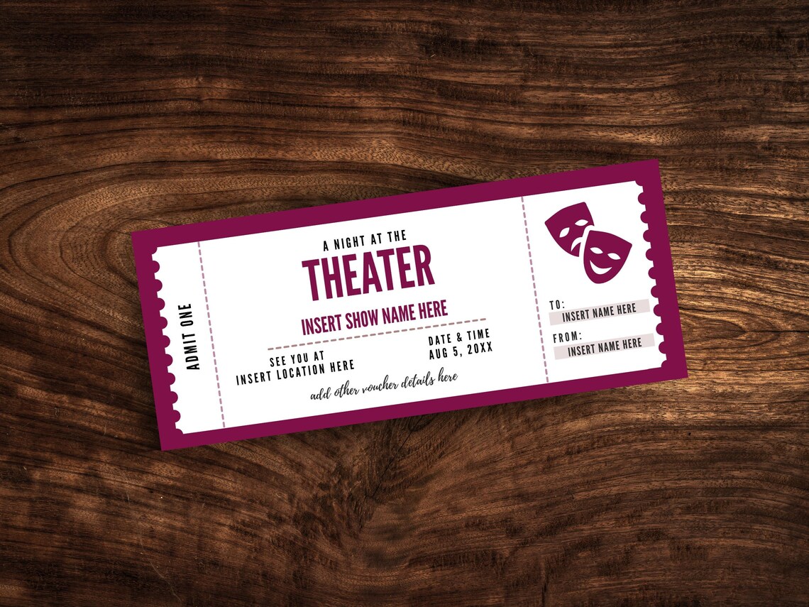 Custom Theater Ticket Template, Printable Play Show Ticket Coupon ...