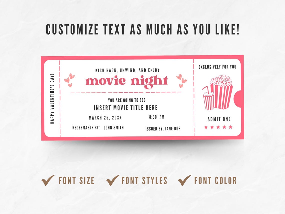 Editable Movie Night Coupon, Custom Movie Valentine's Day Voucher ...