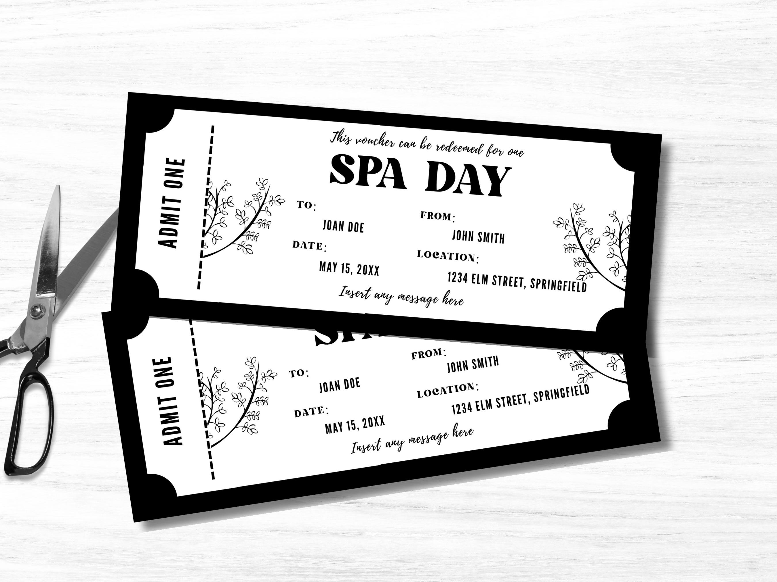 Editable Spa Day Coupon, Printable Spa Ticket Voucher, Custom Spa Day ...