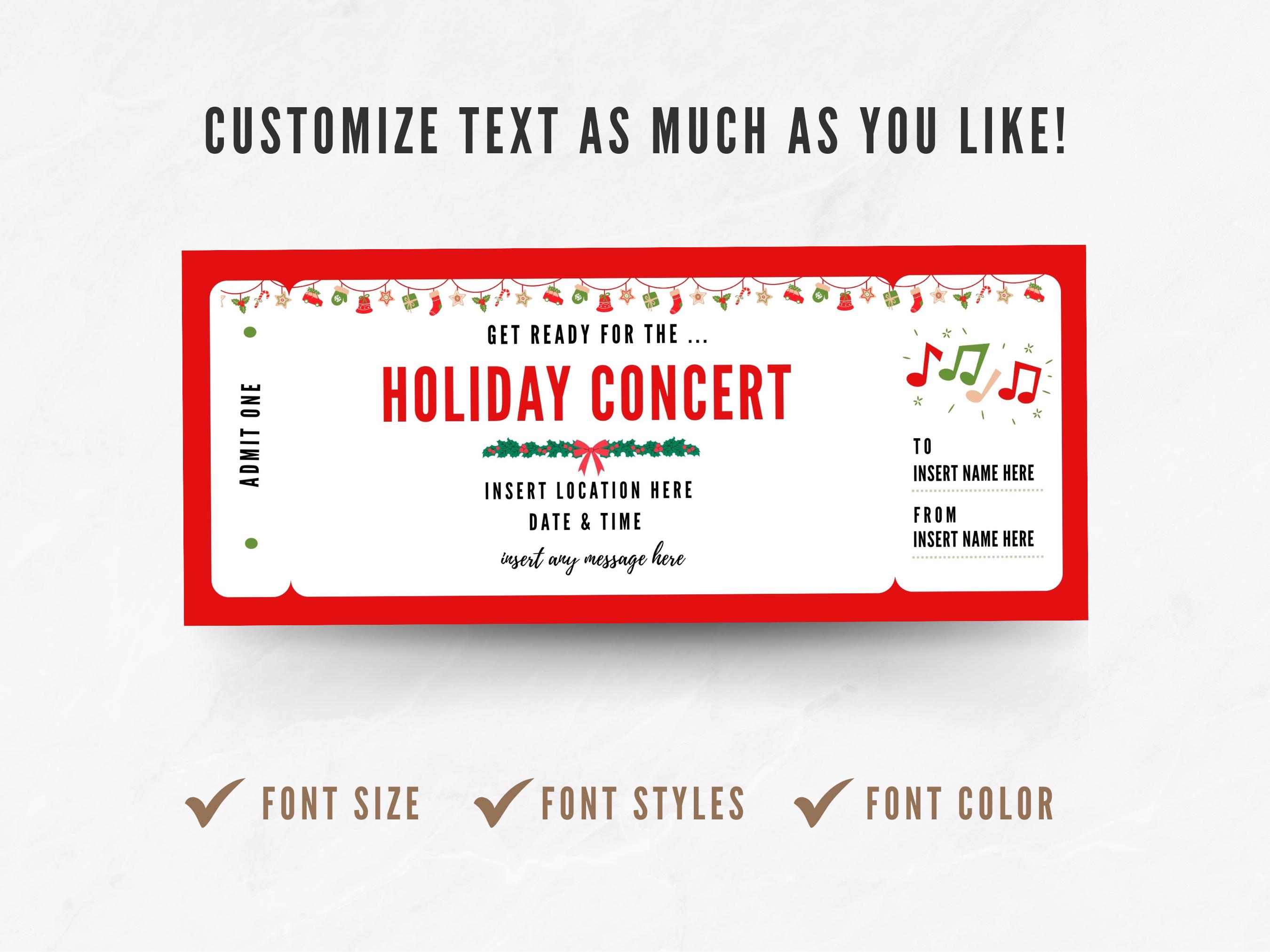 Editable Holiday Concert Ticket Template, Custom Christmas Concert ...