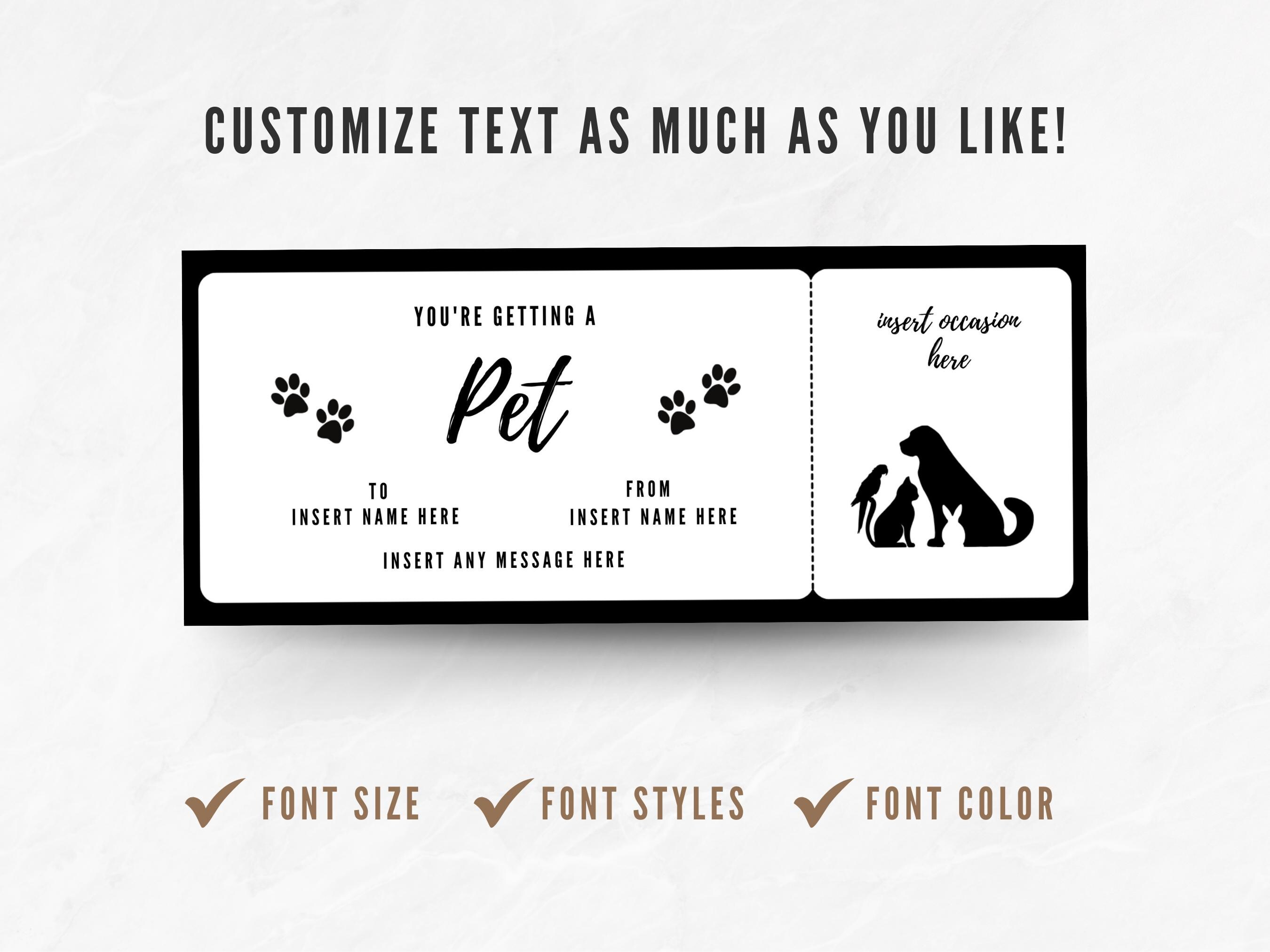 Editable New Pet Coupon Template, Custom New Animal Ticket Template ...