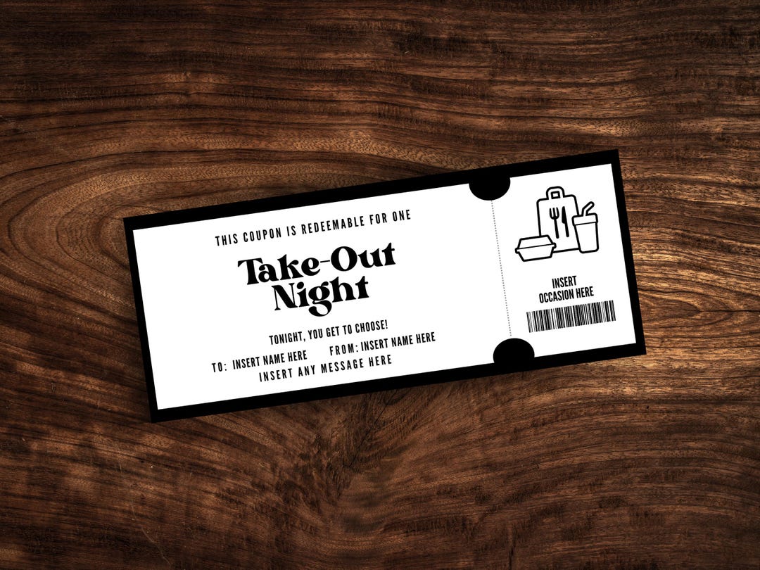 Editable Take-out Night Coupon, Printable Food Delivery Ticket Template ...