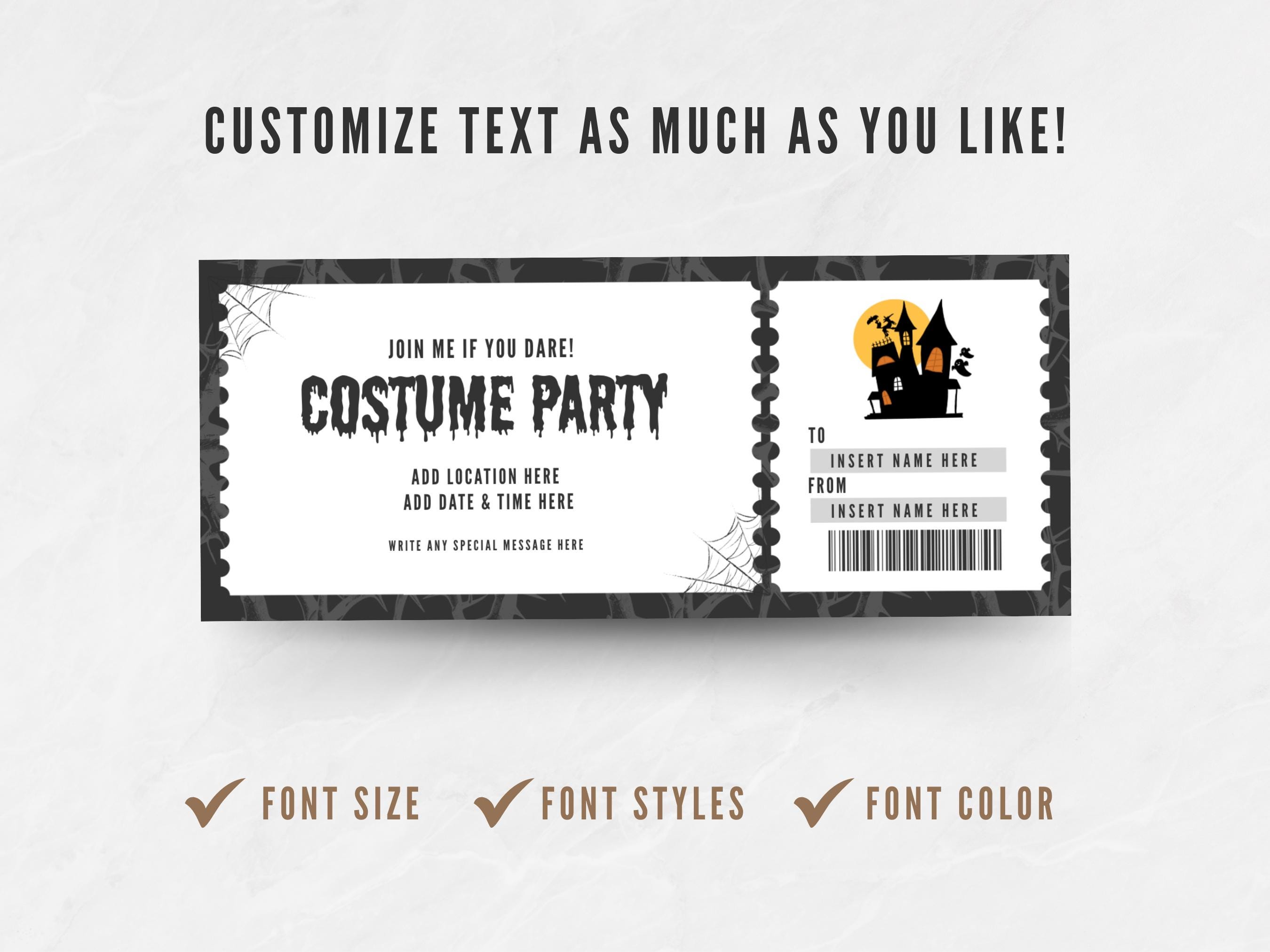 Editable Costume Party Coupon, Custom Spooky Dress up Party Ticket ...