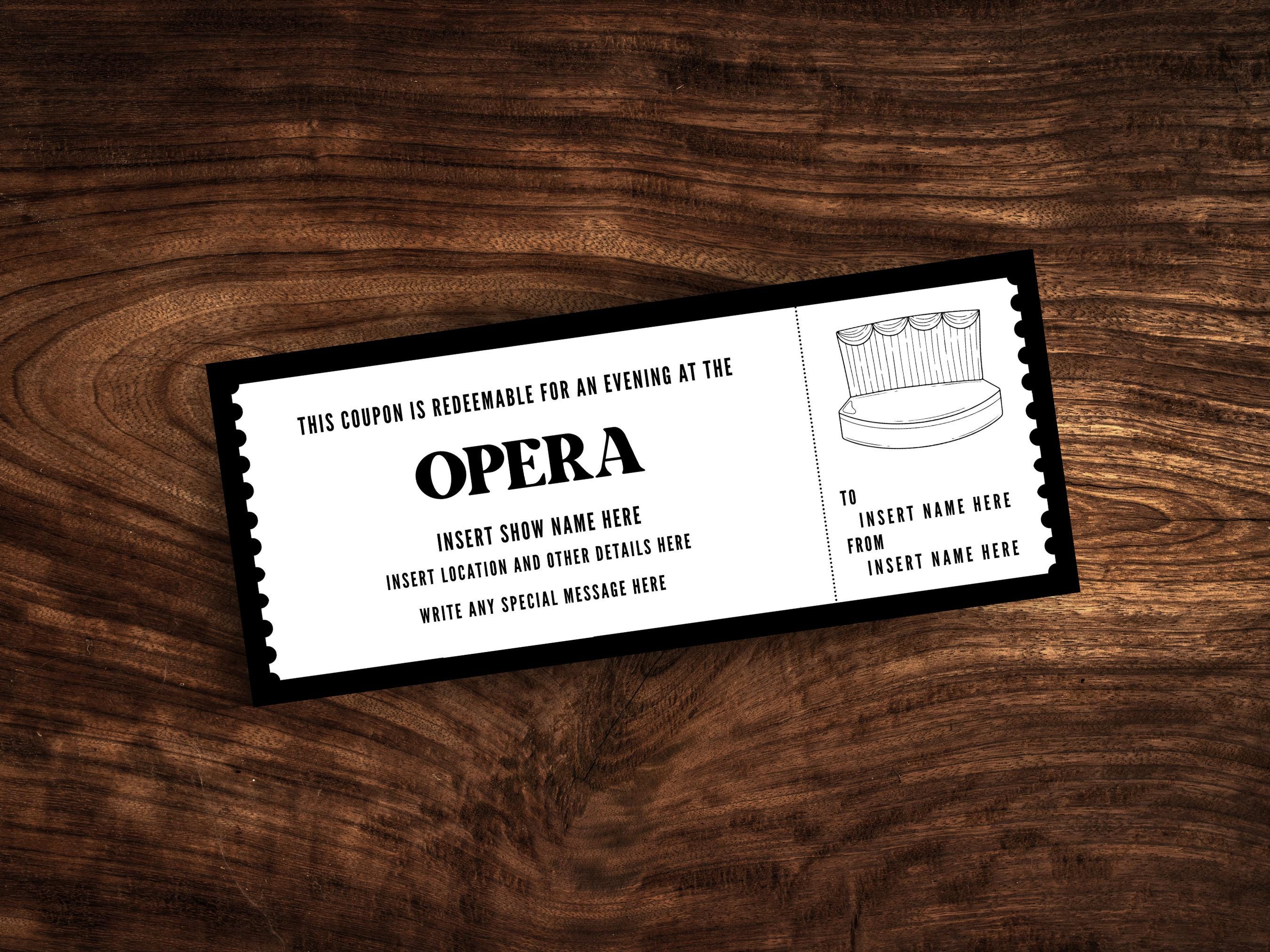 Custom Opera Ticket Template, Printable Opera Show Ticket Coupon ...