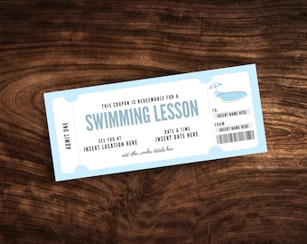 Printable SWIMMING LESSONS Surprise Reveal Ticket, Gift Voucher ...