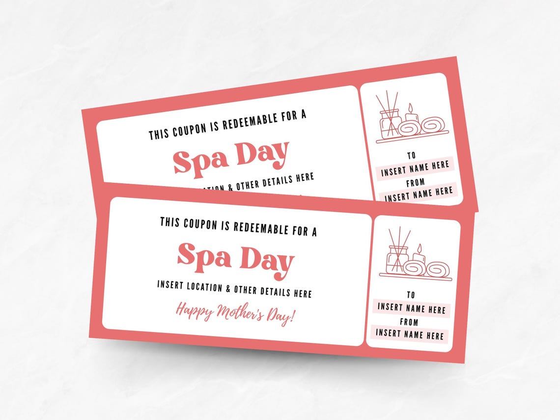 Editable Spa Day Coupon, Printable Spa Ticket Voucher, Custom Mother's ...