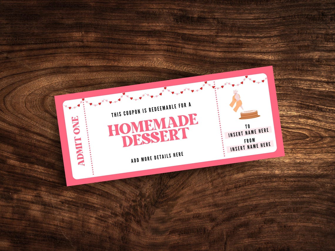 Editable Homemade Dessert Coupon, Printable Baked Good Ticket Template ...