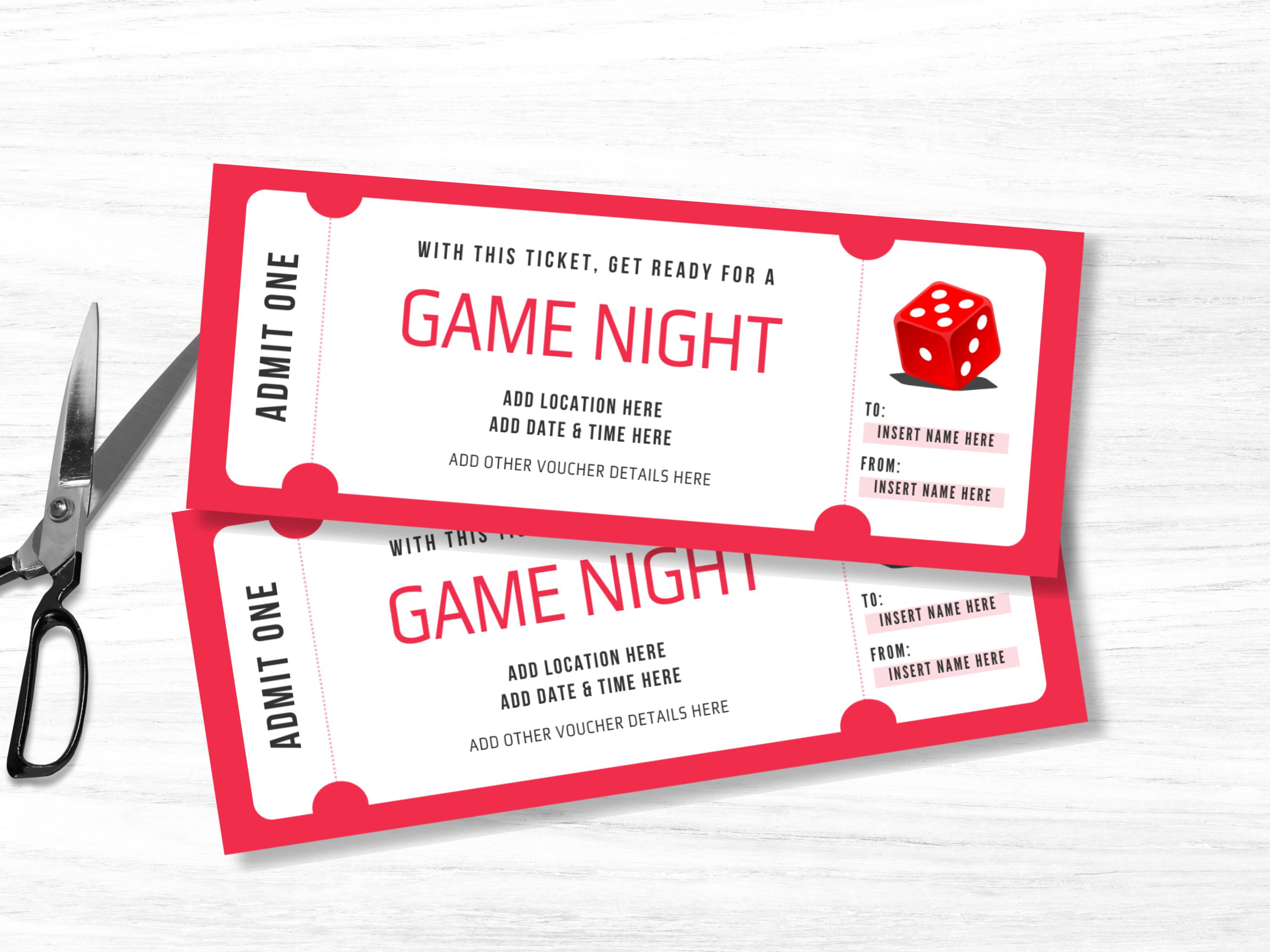 Editable Game Night Coupon, Custom Family Game Night Ticket Template ...
