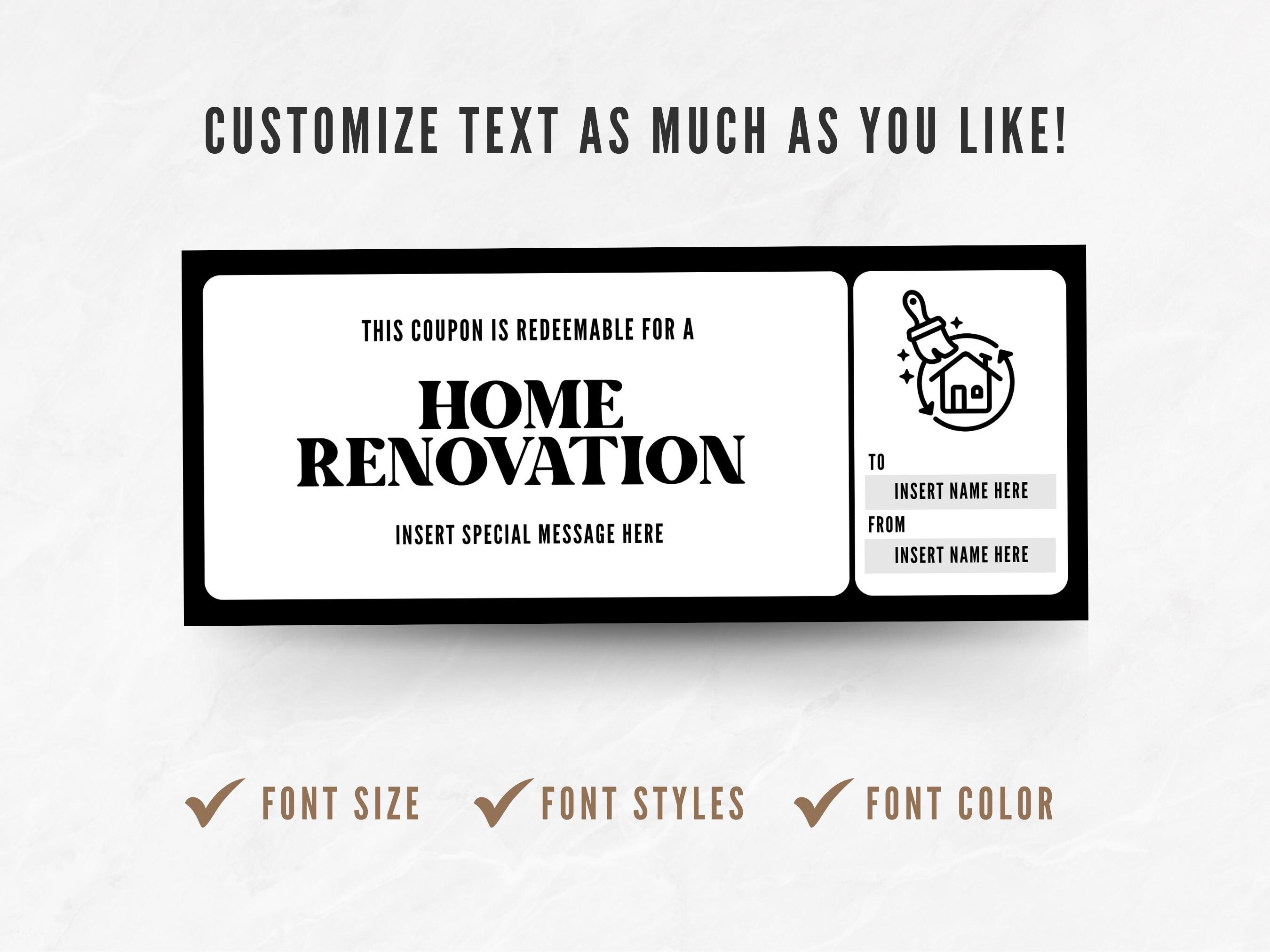 Editable Home Renovation Coupon, Custom Home Makeover Gift Certificate ...