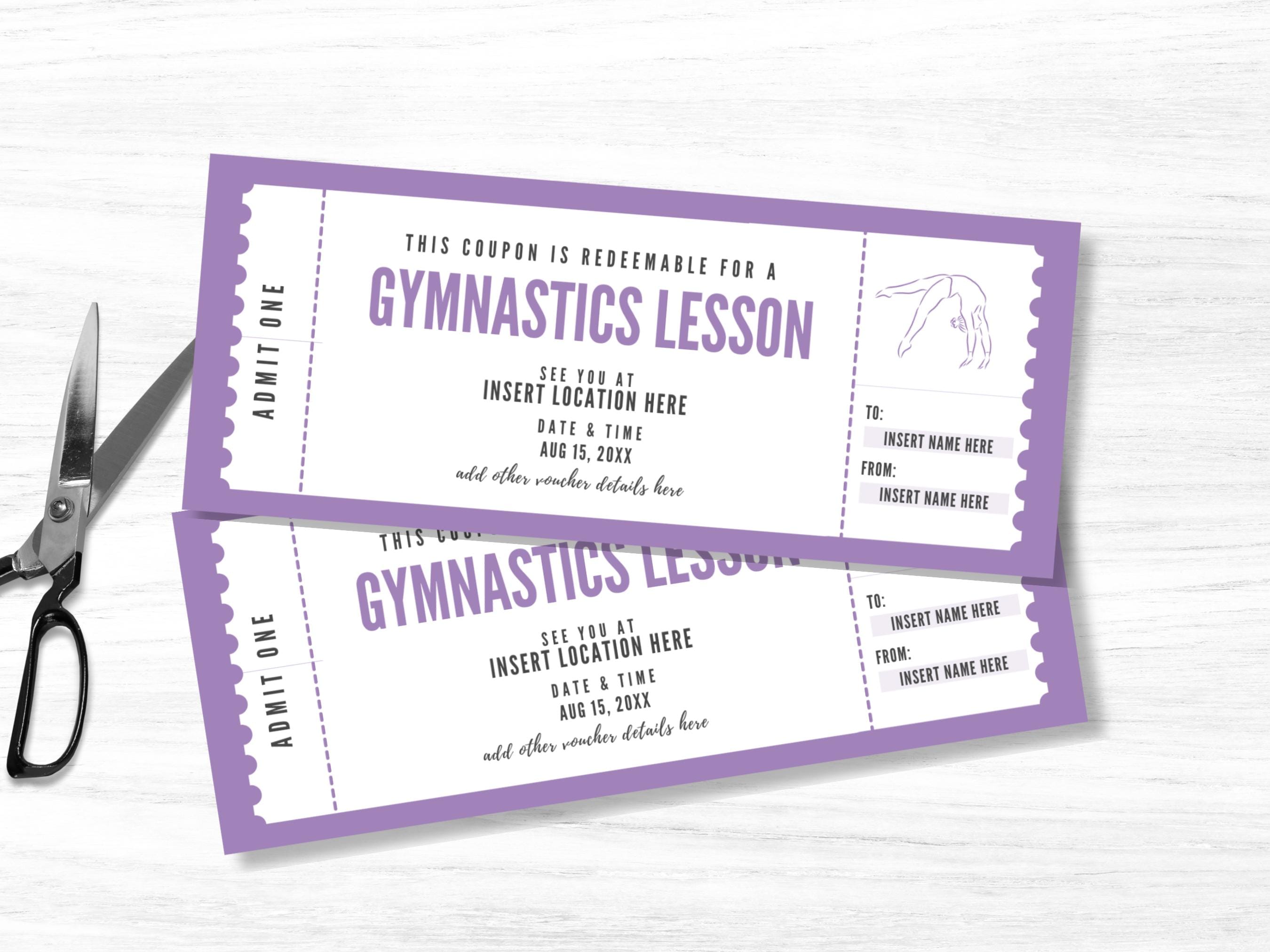 Editable Gymnastics Lesson Coupon, Custom Gymnastics Lessons Ticket ...