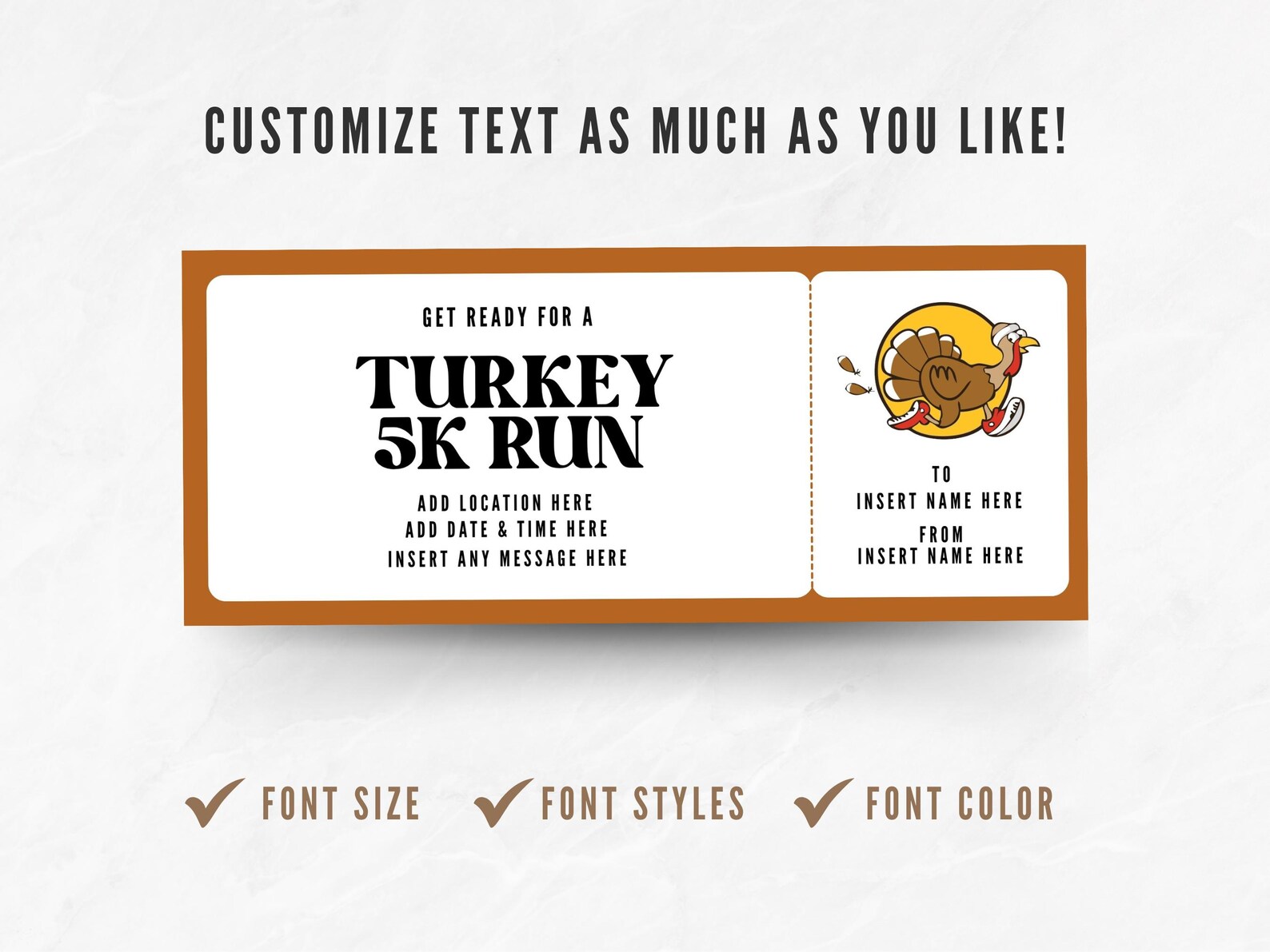 Editable Turkey 5k Run Ticket Template, Custom Thanksgiving 5k Race ...