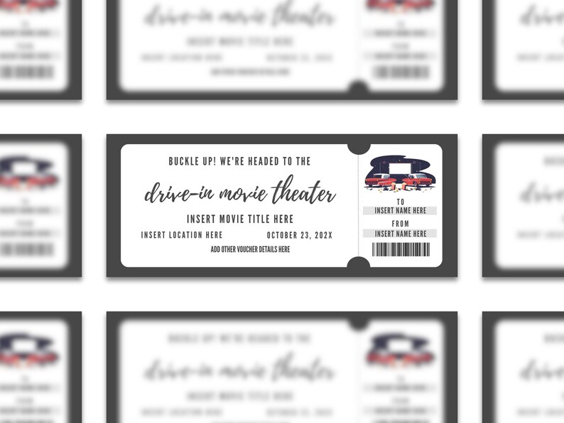 Editable Drive-in Movie Theater Ticket Template, Custom Drive-ins Movie ...