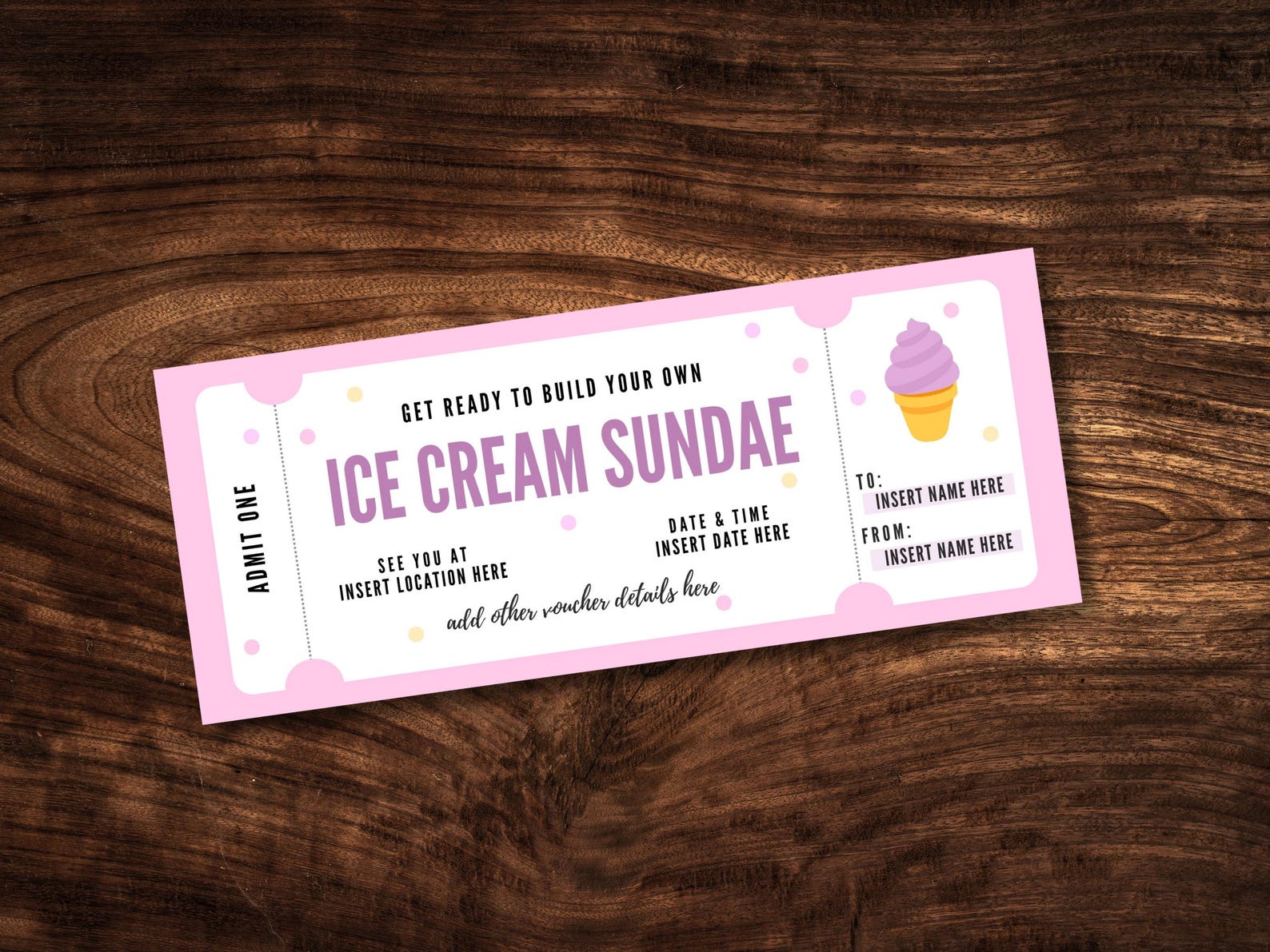 Editable Build Your Own Ice Cream Sundae Coupon, Custom Ice Cream Date ...