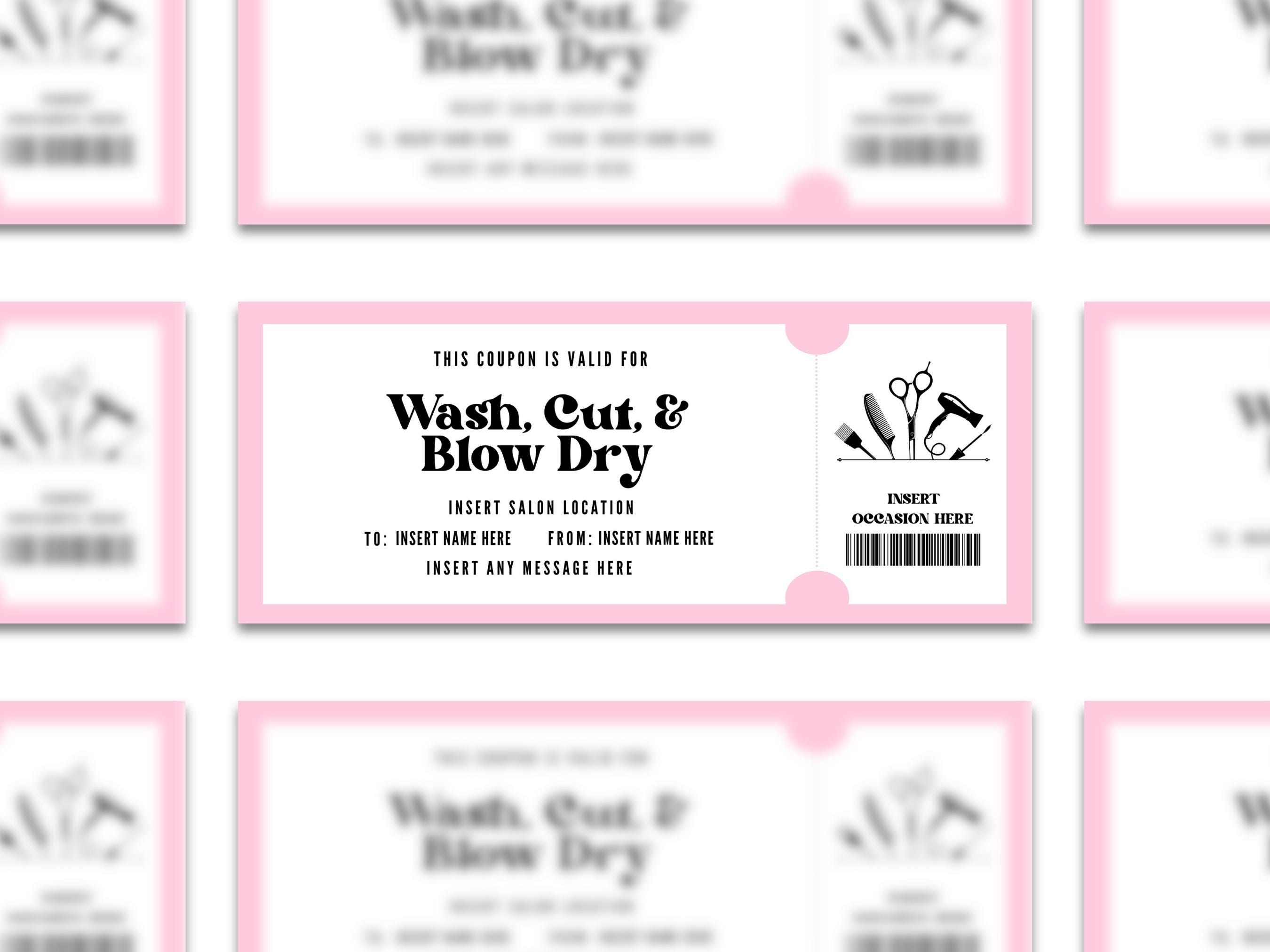 Editable Wash, Cut, and Blow Dry Coupon, Printable Salon Service Ticket ...