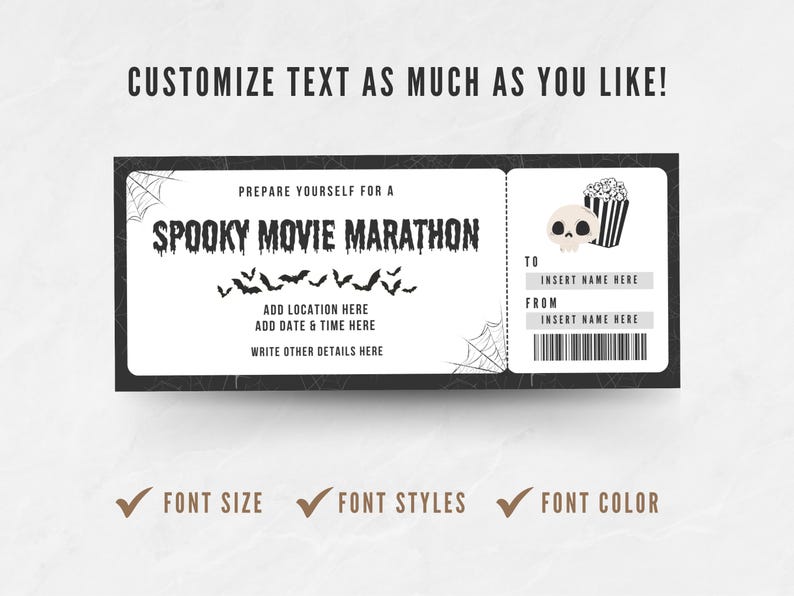 Editable Scary Movie Ticket Template, Custom Halloween Movie Marathon ...