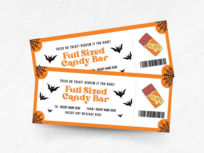 Editable Full Sized Candy Bar Coupon, Custom Trick or Treat Ticket ...