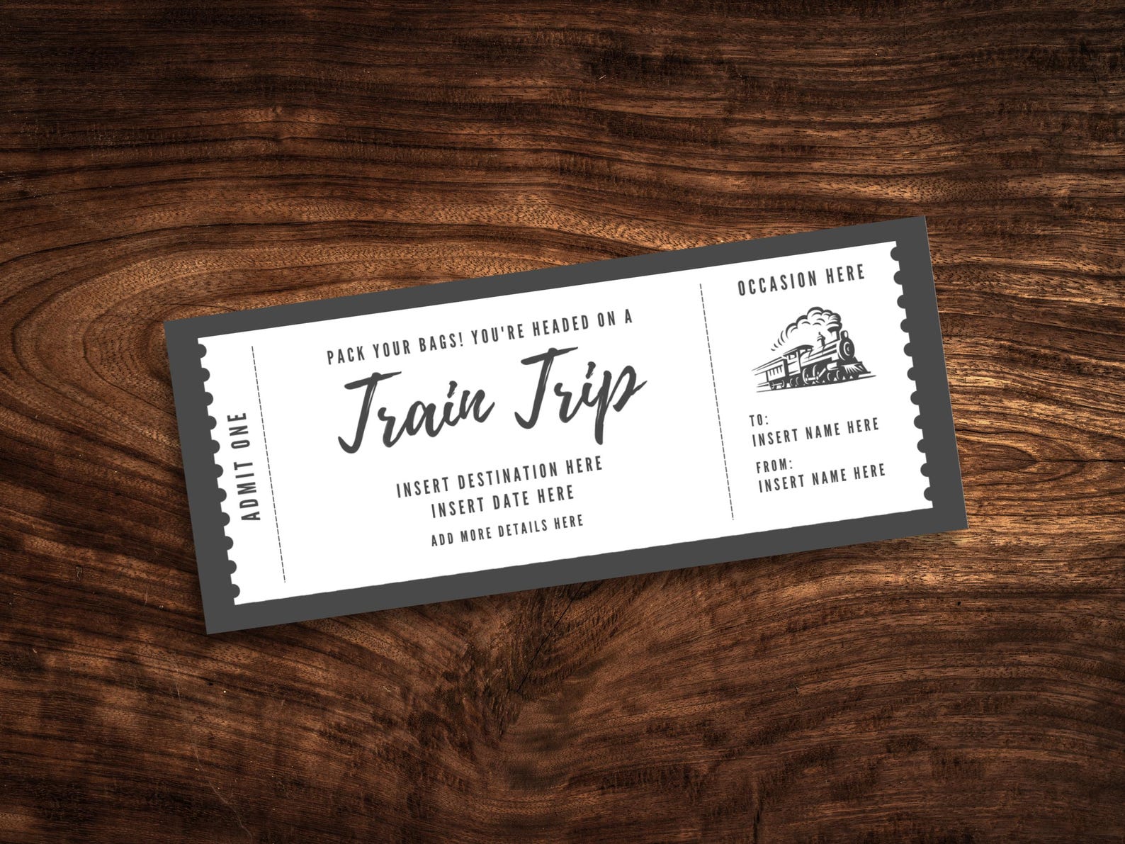 Editable Train Ticket Template, Custom Train Trip Coupon, Personalized ...