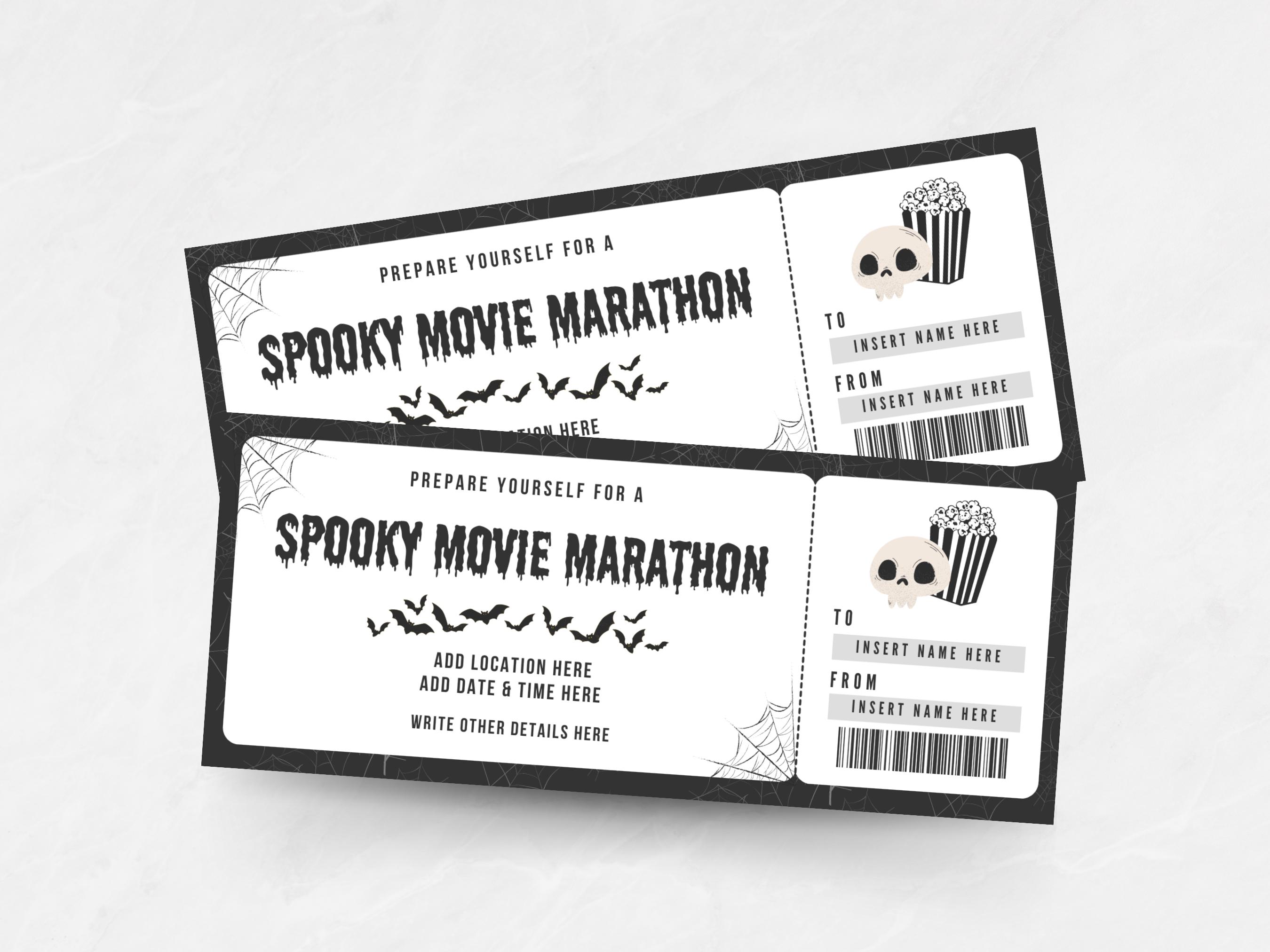 Editable Scary Movie Ticket Template, Custom Halloween Movie Marathon ...