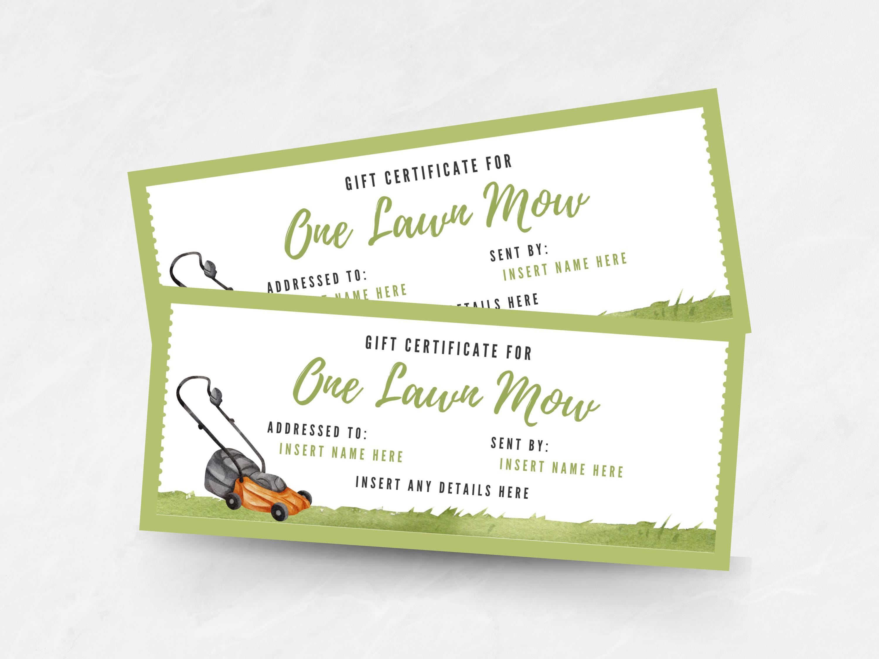 Lawn Care Gift Certificate, Editable Mow the Lawn Voucher, Printable ...