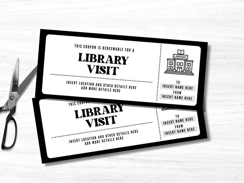 Custom Library Ticket Template, Printable Library Visit Coupon ...