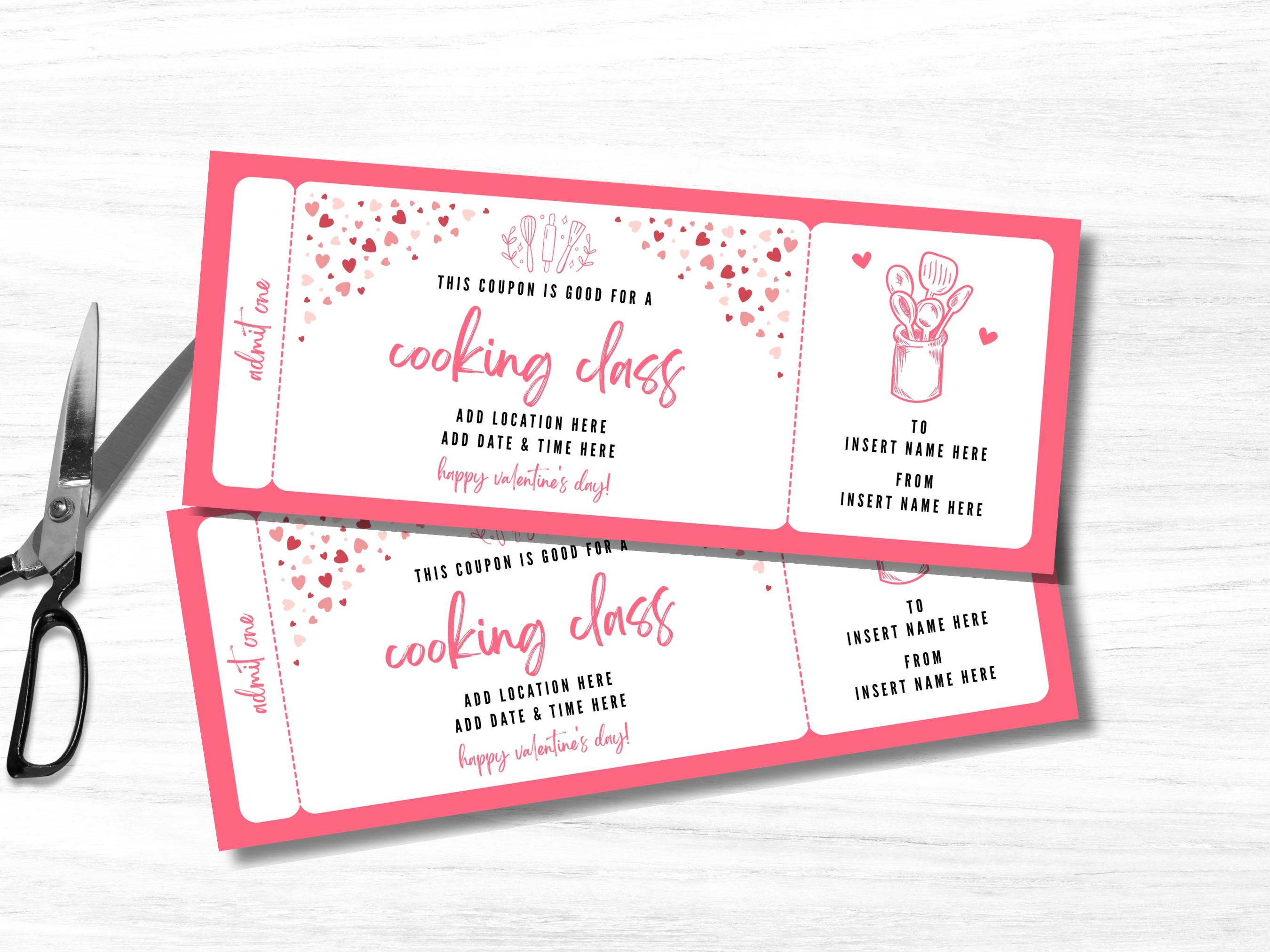Printable Cooking Class Valentine's Day Coupon Template, Editable Cooking Class Ticket Template ...