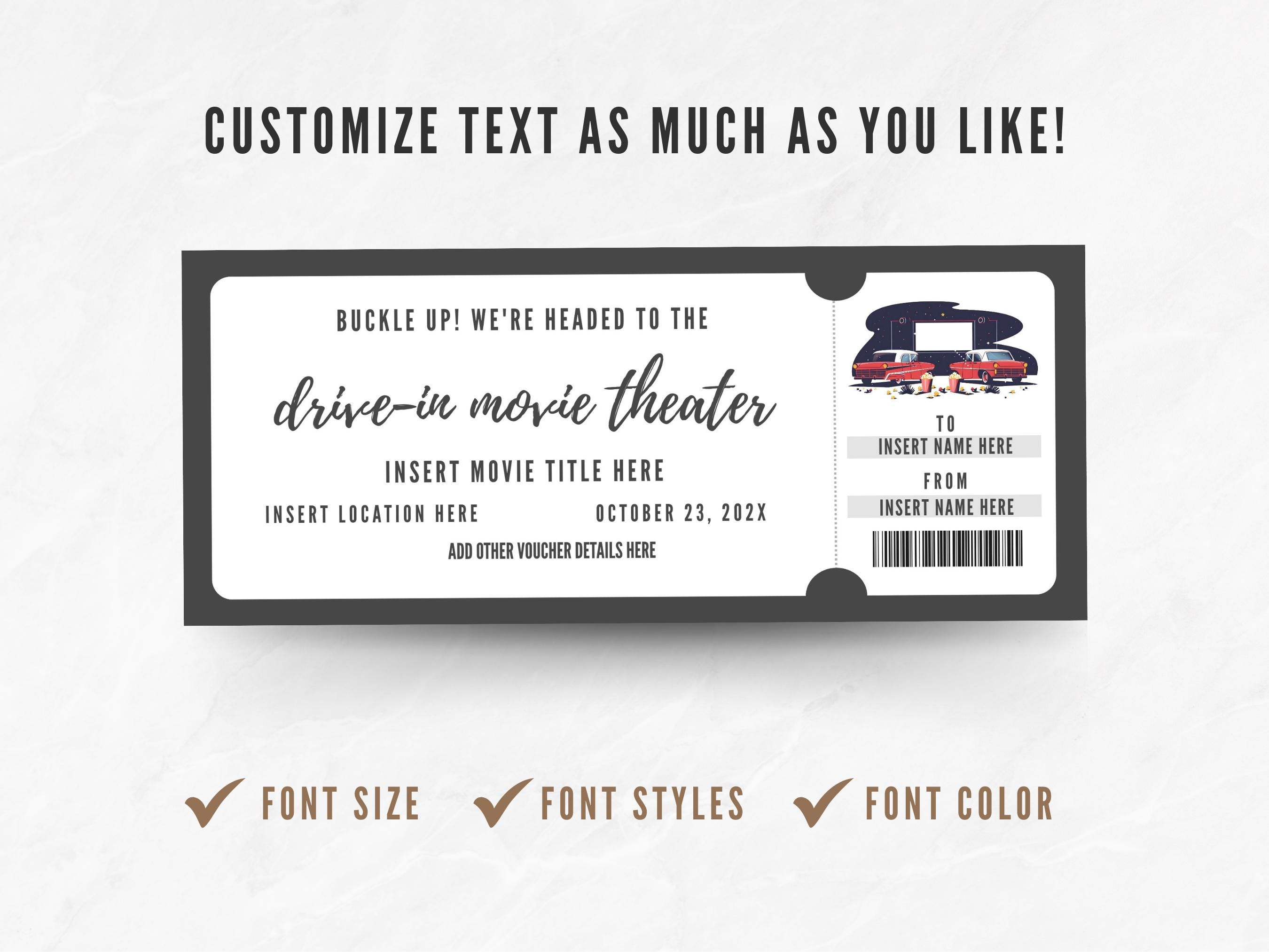 Editable Drive-in Movie Theater Ticket Template, Custom Drive-ins Movie ...