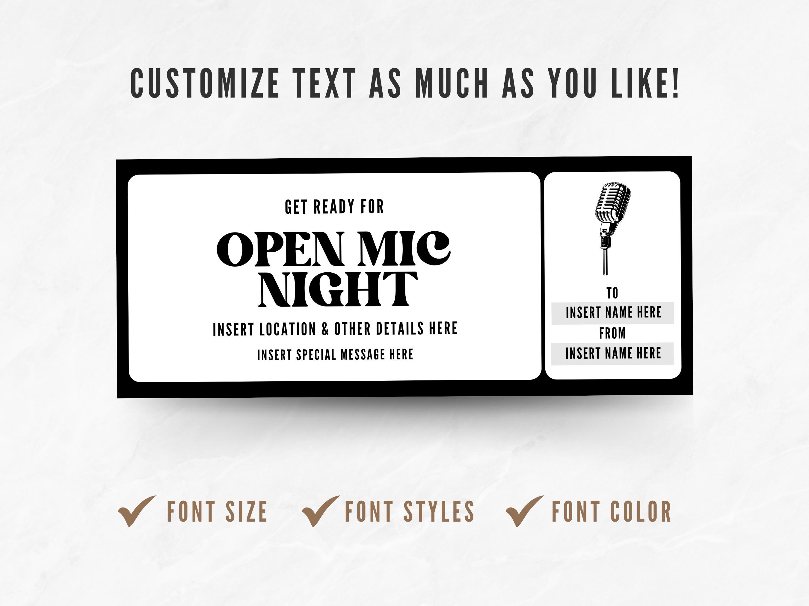 Custom Open Mic Night Ticket Template, Printable Open Mic Event Coupon ...