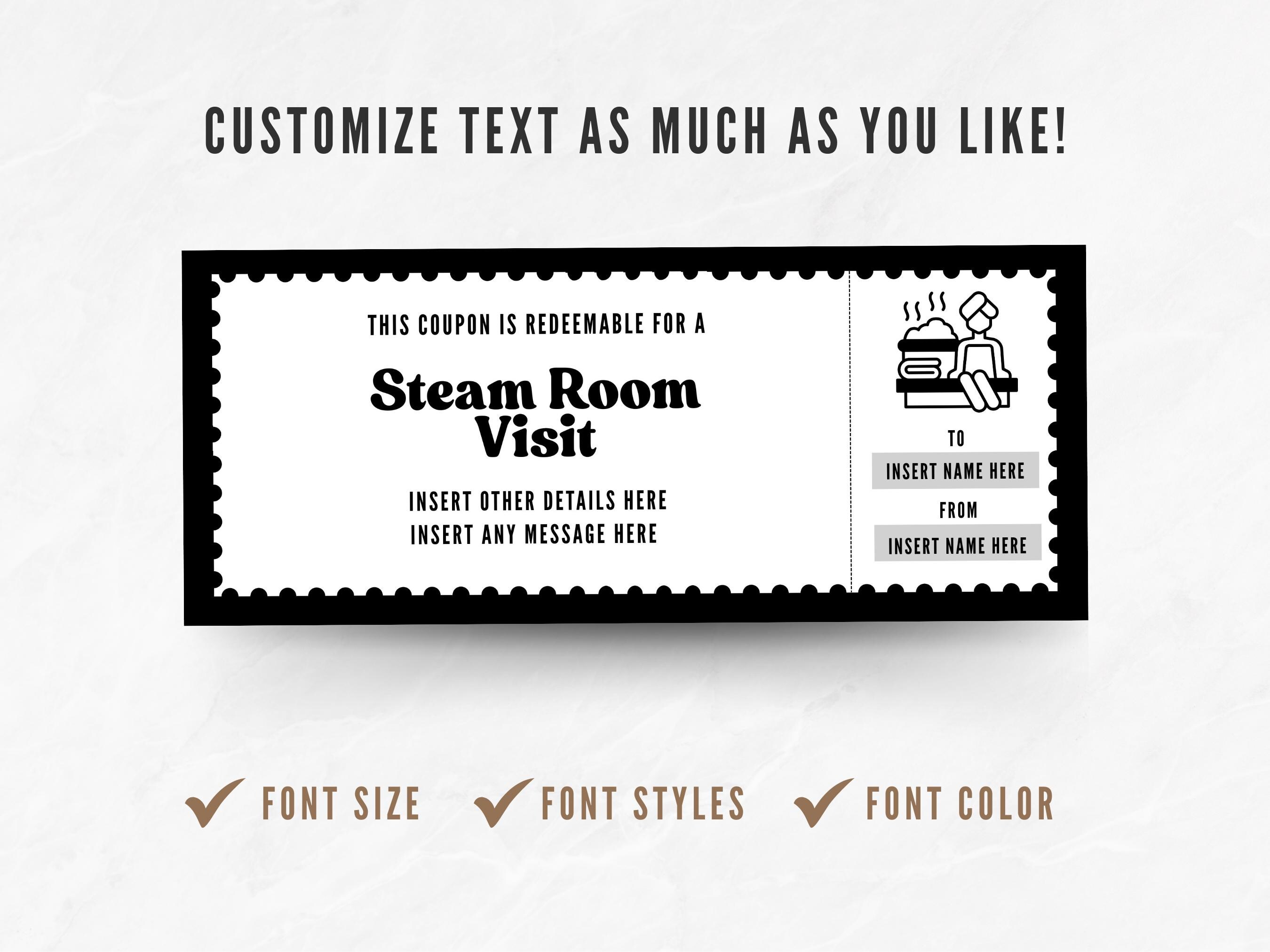 Editable Steam Room Coupon, Printable Steam Room and Sauna Ticket ...