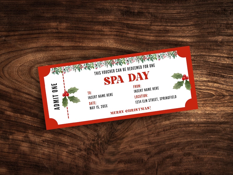 Editable Spa Day Coupon, Printable Spa Holiday Ticket Voucher, Custom ...