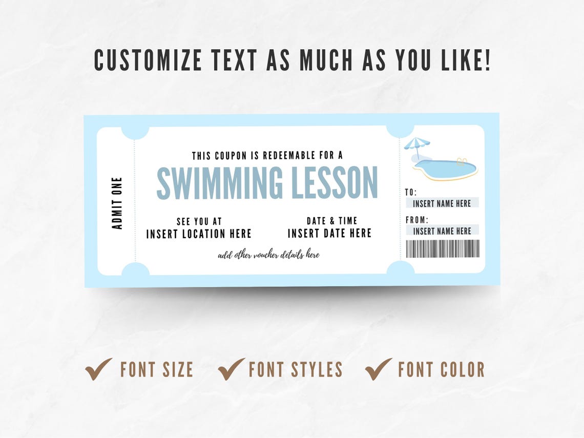 Editable Swimming Lesson Coupon, Custom Swim Lessons Ticket Template ...