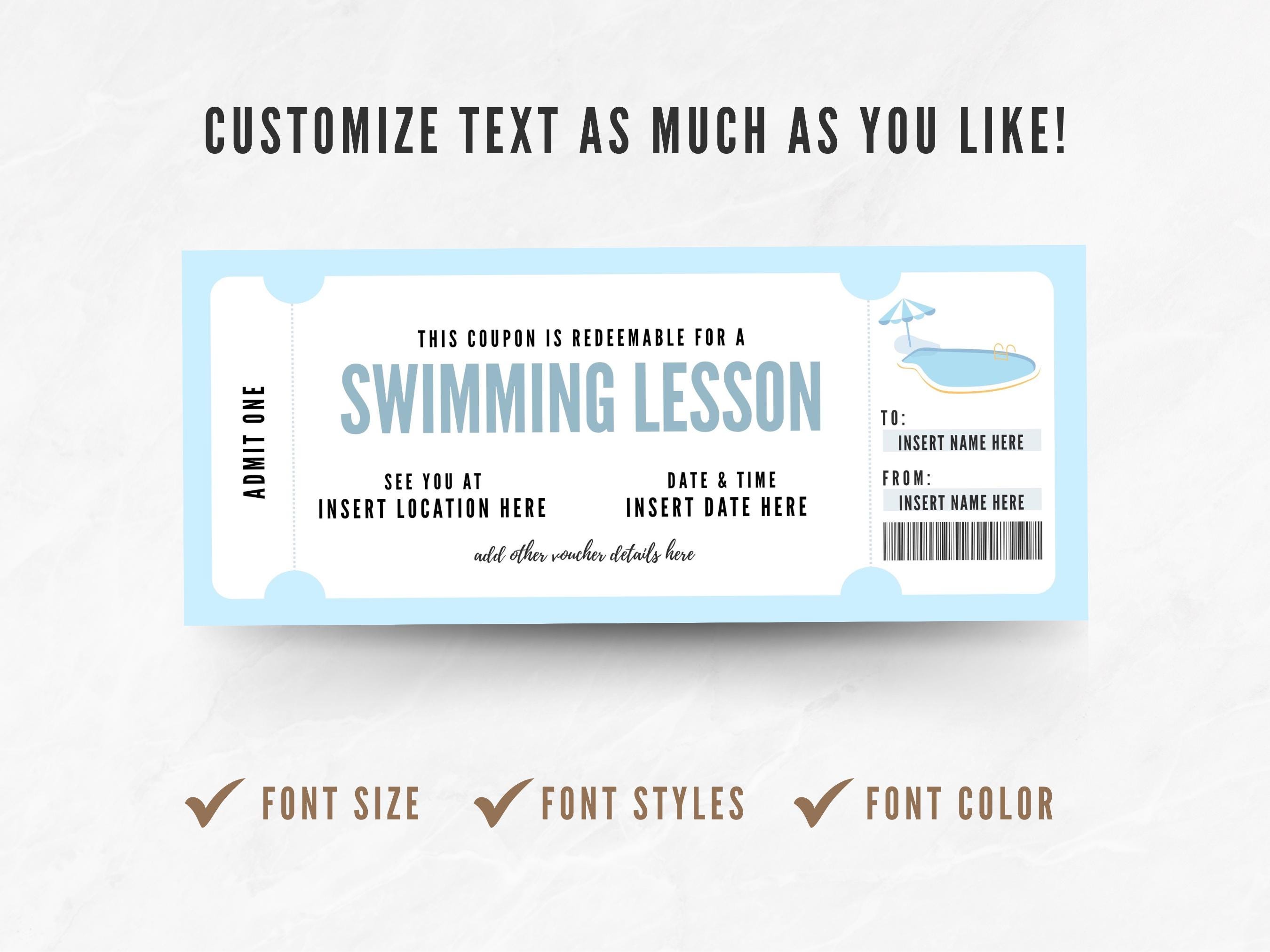 Editable Swimming Lesson Coupon, Custom Swim Lessons Ticket Template ...