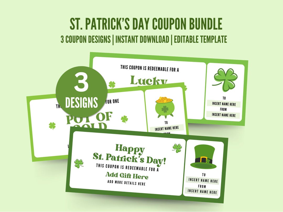 Editable St Patrick's Day Coupon Bundle, Custom St Patty's Day Gift ...
