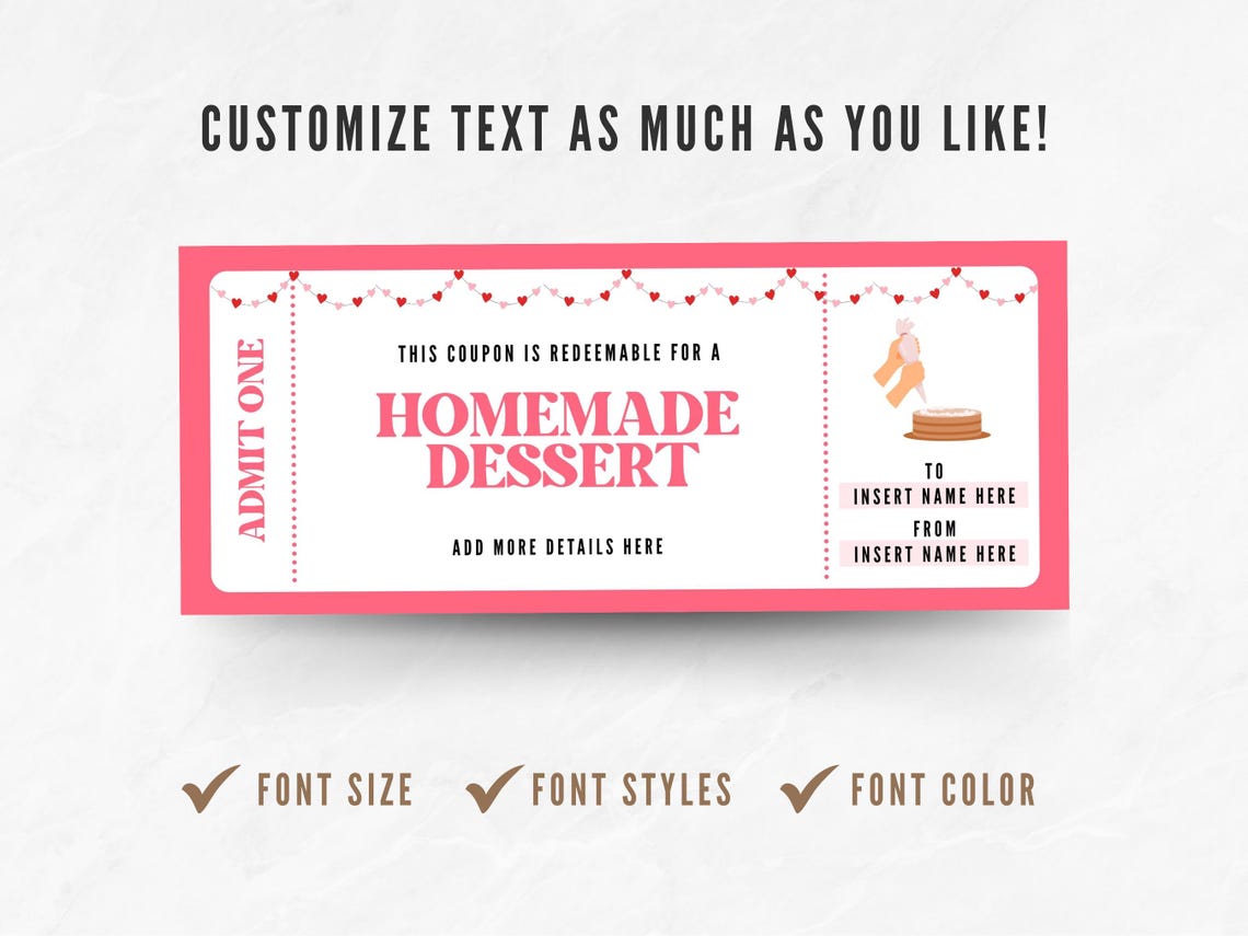 Editable Homemade Dessert Coupon, Printable Baked Good Ticket Template ...