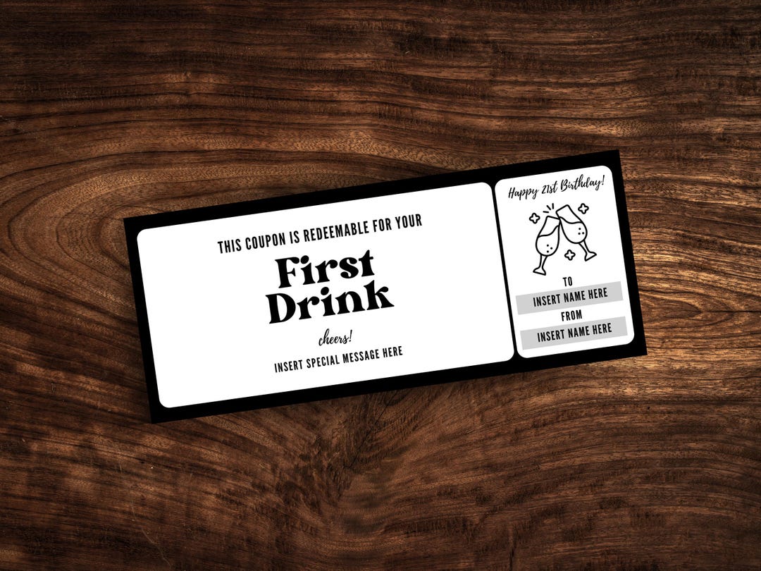 Printable First Drink Coupon Template, Editable 21st Birthday ...