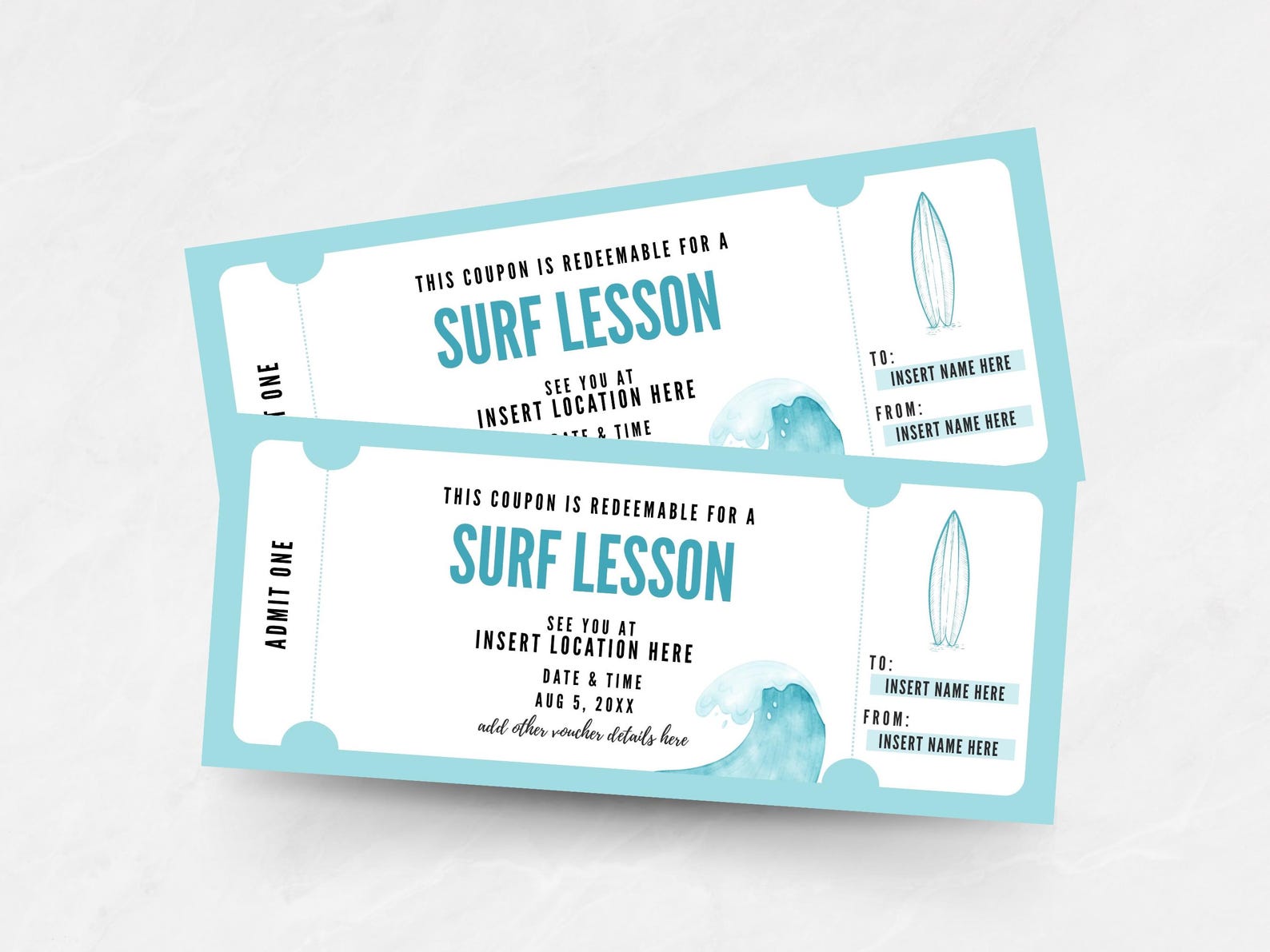 Editable Surf Lesson Coupon, Custom Surfing Lessons Ticket Template ...