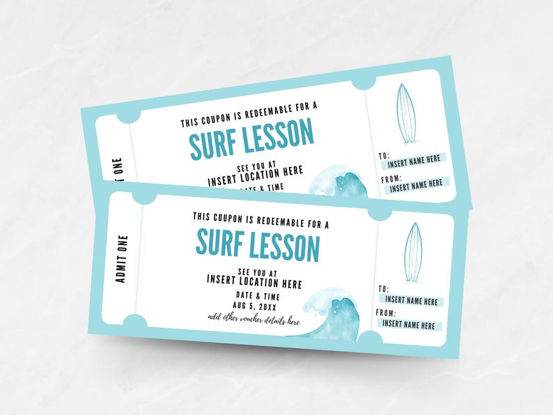Editable Surf Lesson Coupon, Custom Surfing Lessons Ticket Template ...