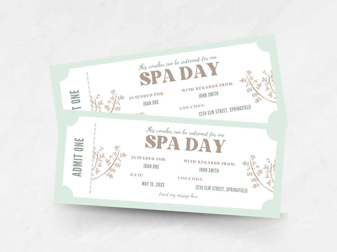 Editable Spa Day Coupon, Printable Spa Ticket Voucher, Custom Spa Day ...