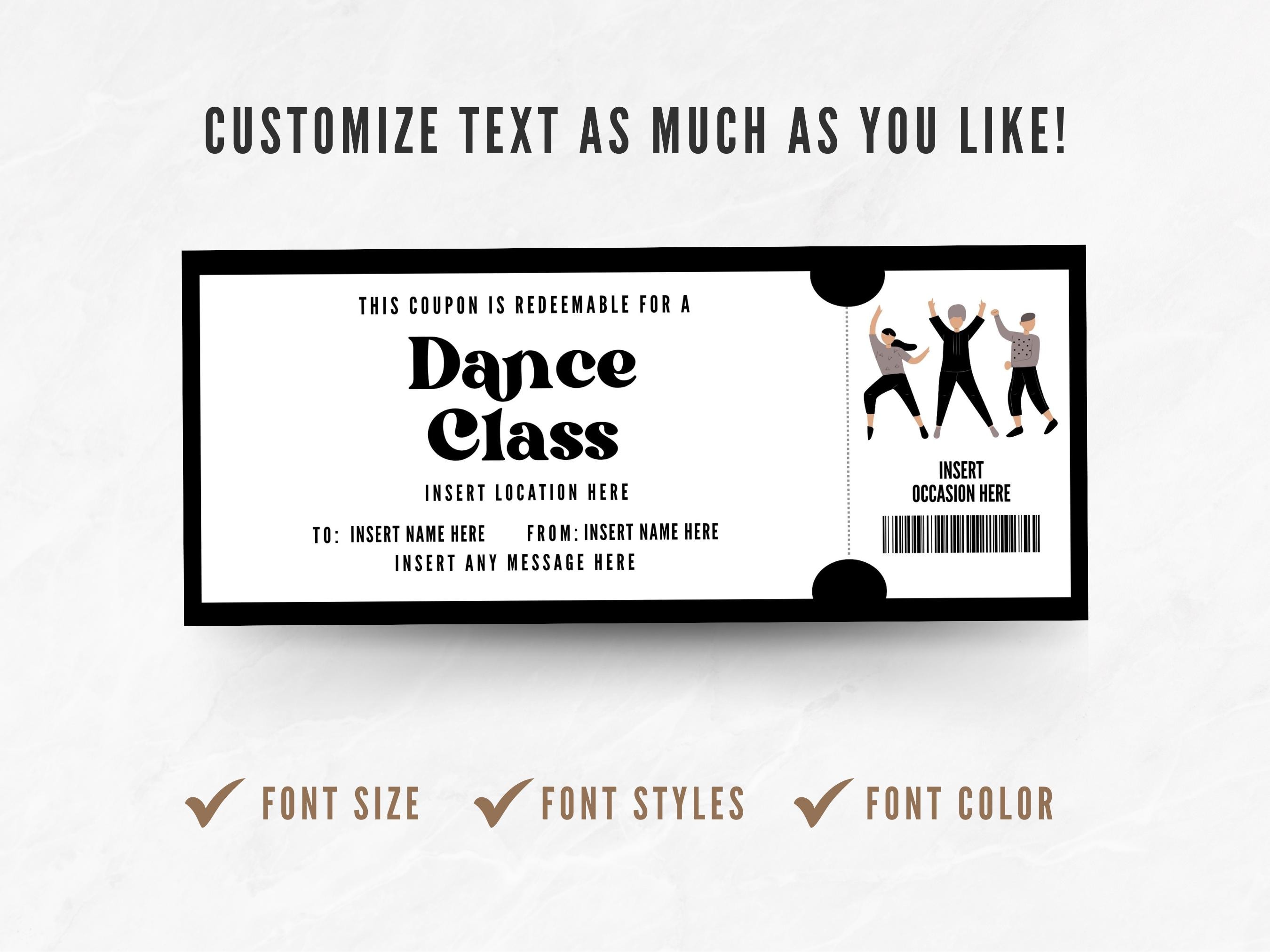 Editable Dance Class Coupon, Custom Dance Lesson Ticket Template ...