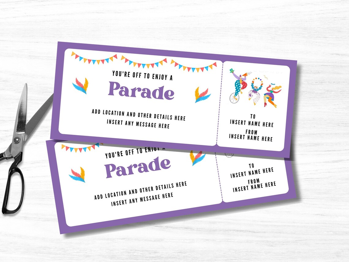 Custom Parade Ticket Template, Editable Parade Coupon, Surprise Parade ...