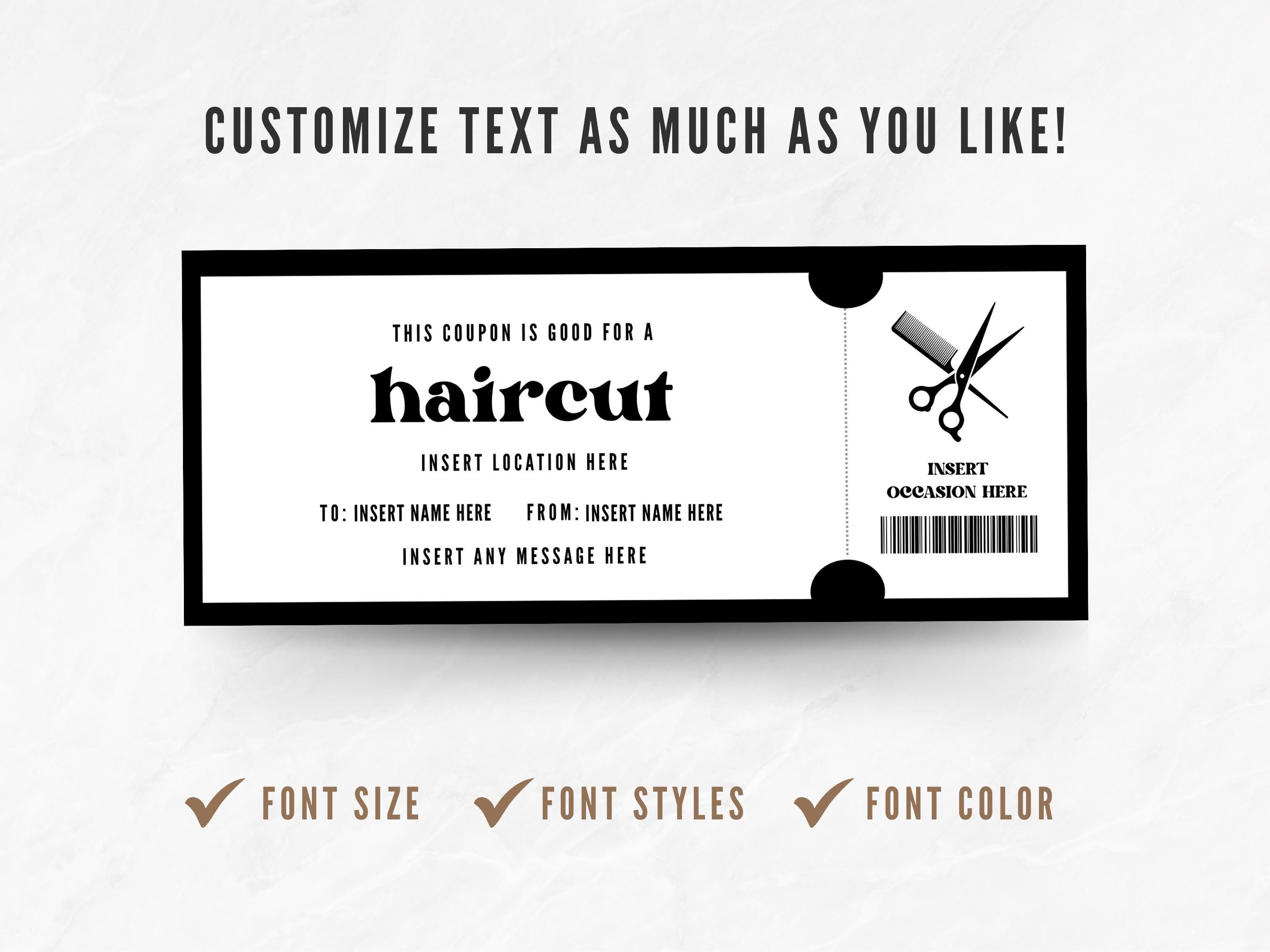 Editable Haircut Coupon, Printable Hair Cut Gift Certificate, Custom ...